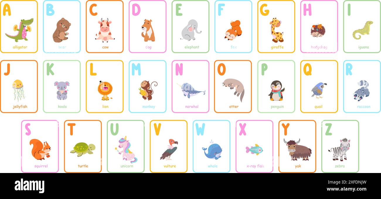 Children alphabet cards with animals. Baby educational flashcards, studying letters and animal ...
