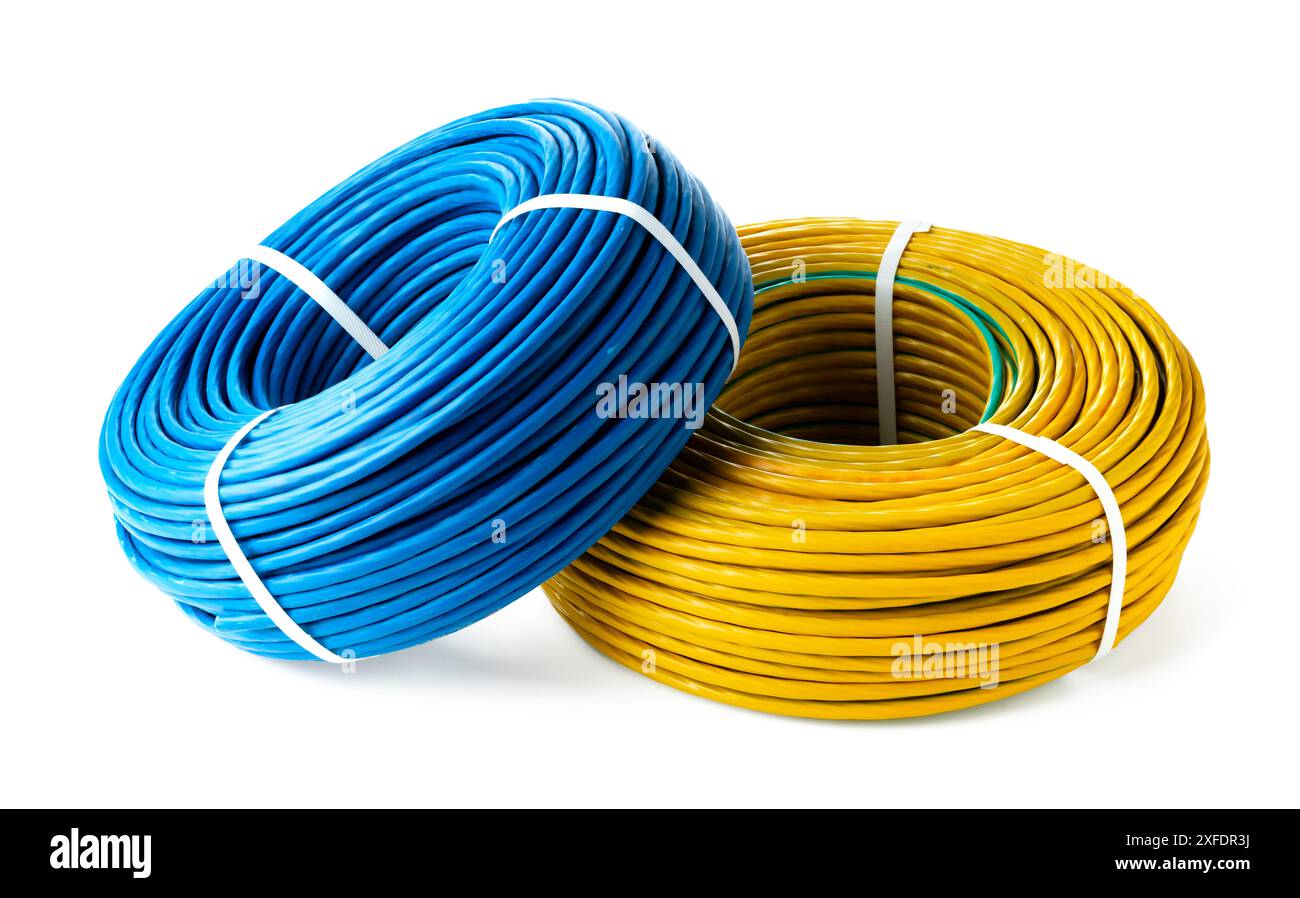 Blue And Yellow Electrical Wire Spools Isolated On White Background ...
