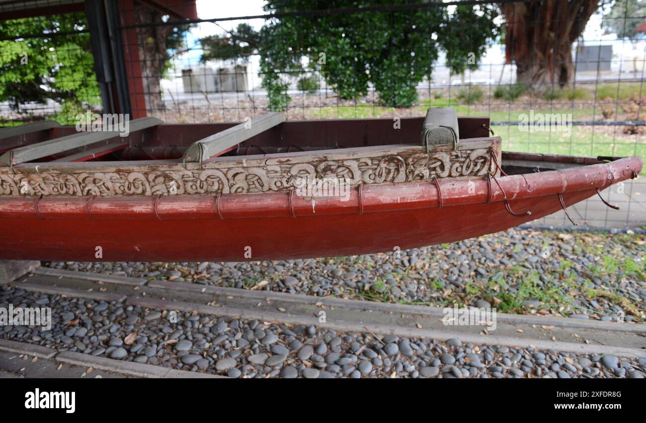 A traditional Maori canoe displayed at the park by The Strand in ...