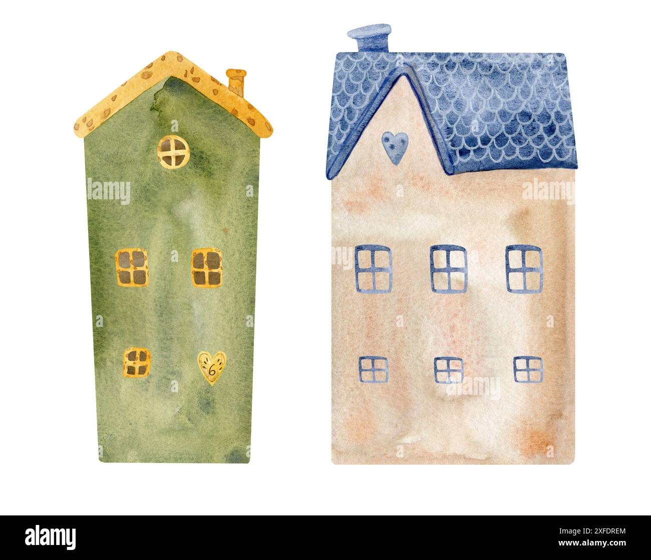 Set of cute watercolor illustrations of country houses. Hand drawn ...