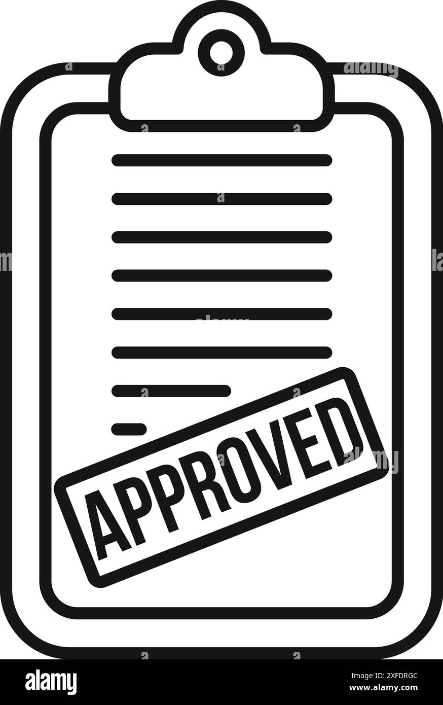 Line art icon of a clipboard with an approved stamp, representing a ...