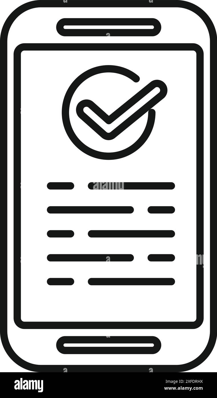 Smartphone showing check mark icon for successful mobile payment, online banking concept, line ...