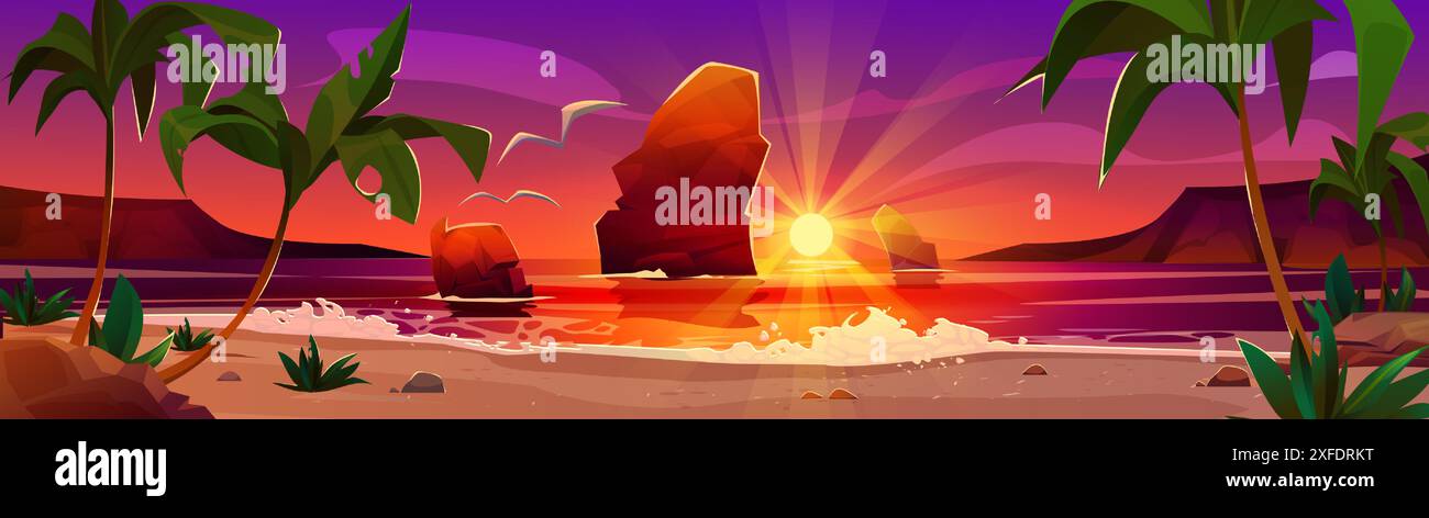 Tropical sunset sea beach with palm trees and rocks in water. Vector ...