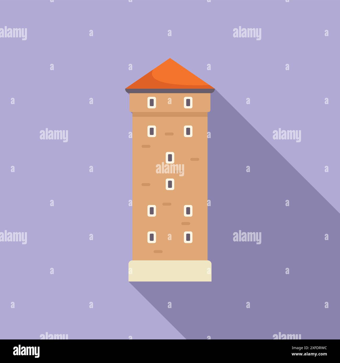 Tall brick tower with small windows and a red roof stands against a ...