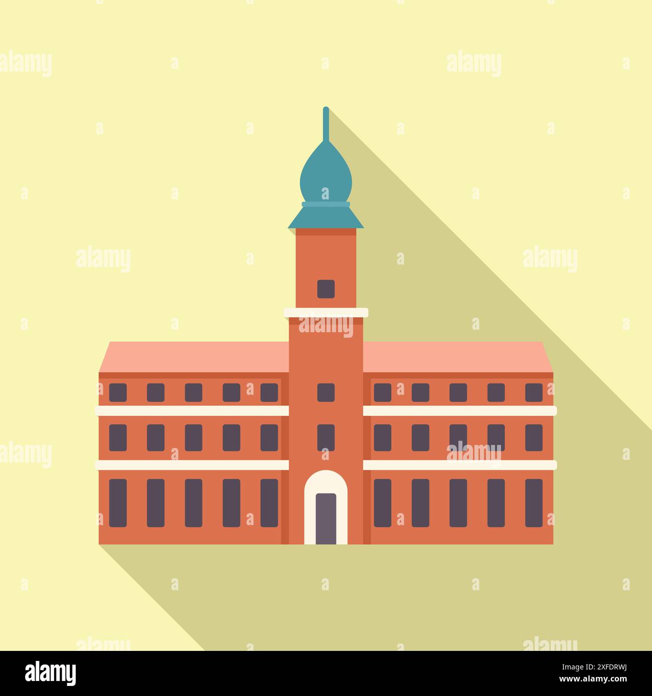 Classic brick university building with a tower and a long shadow on a ...