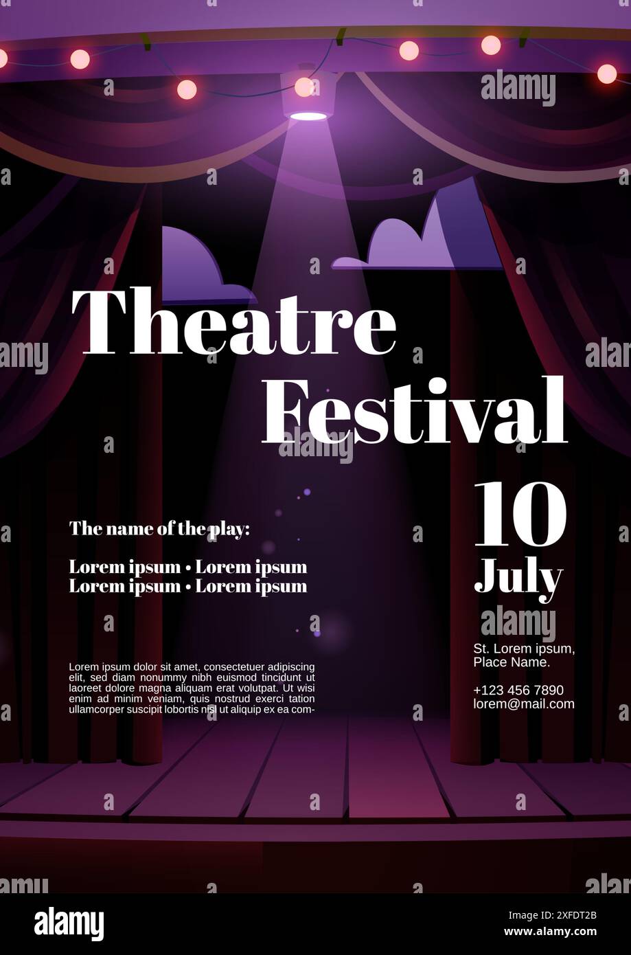 Theater festival poster with stage, curtain and spotlight. Vertical ...
