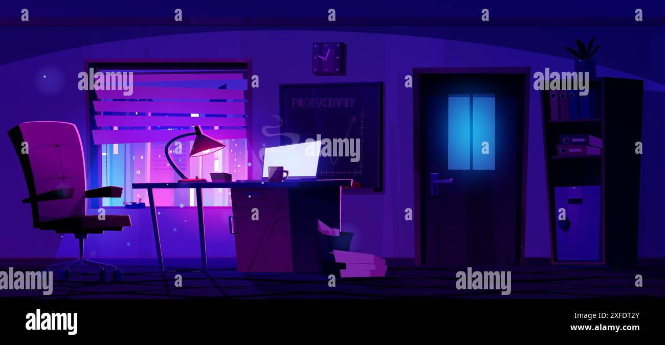 Night empty business office room interior with glow computer monitor on ...