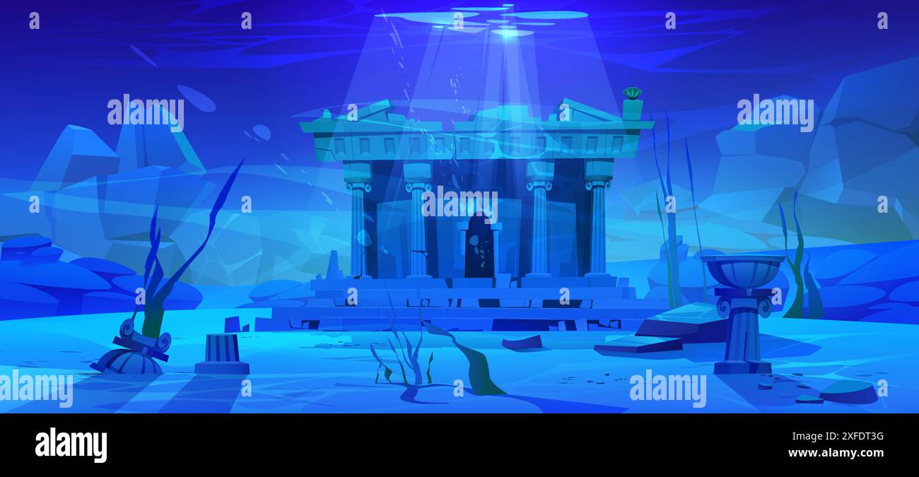 Ancient sunken Greek temple on sea bottom. Cartoon vector illustration ...