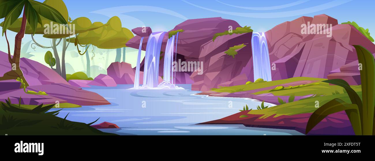 Jungle landscape with rocky cliff mountains and waterfall. Cartoon ...