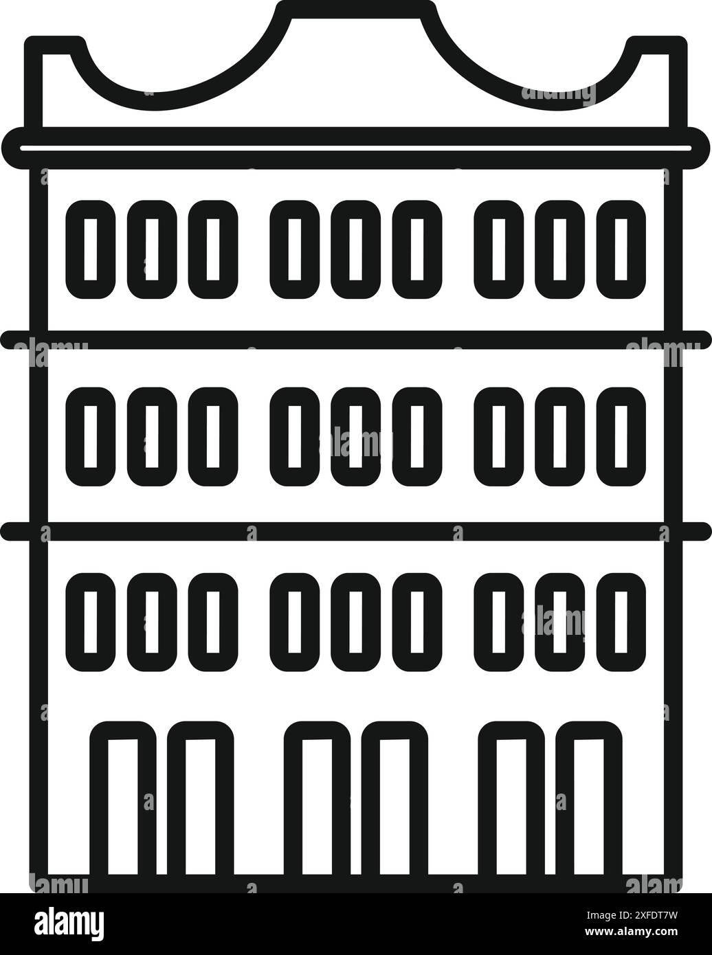 Three story building with many windows and a unique roofline Stock ...