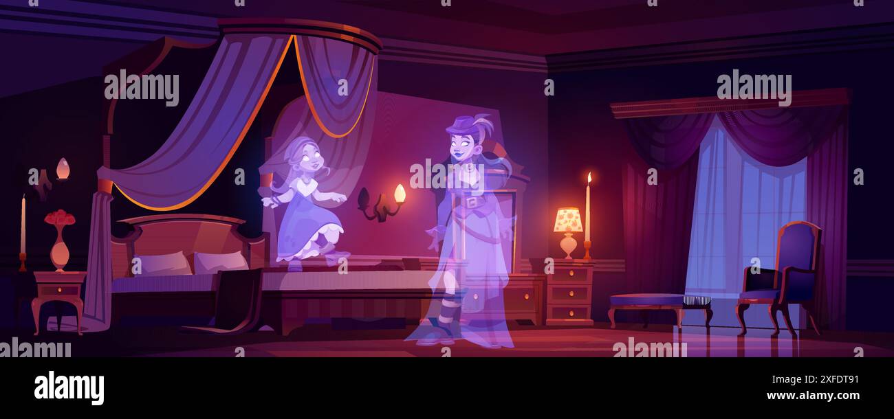 Dark haunted bedroom with ghosts. Vector cartoon illustration of ...