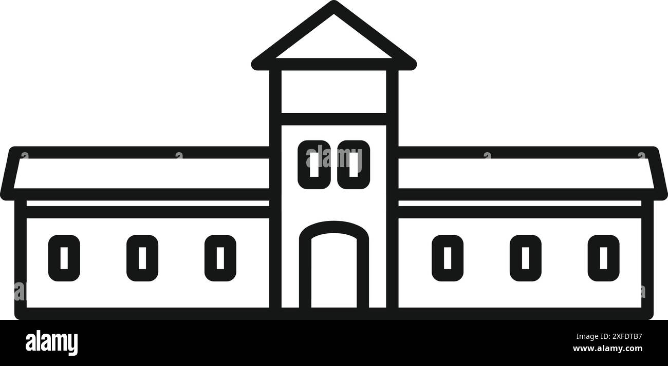 Simple black and white illustration of one storey building with tower ...