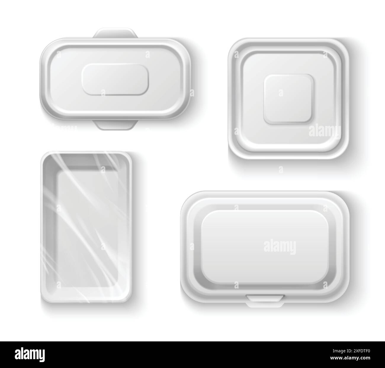 White plastic container and styrofoam tray with transparent wrap foil ...