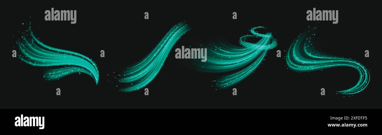 Turquoise air flows set isolated on black background. Vector realistic ...