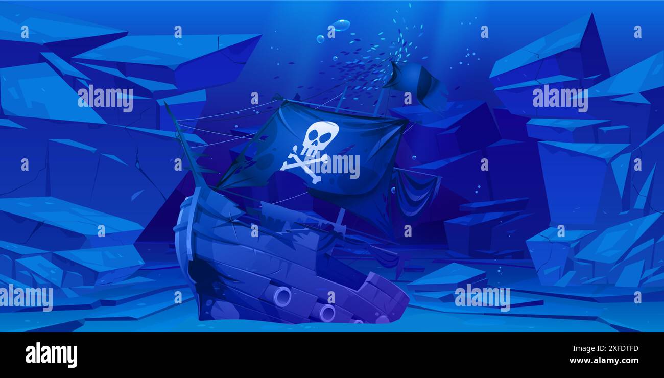 Wrecked pirate ship on rocky sea bottom. Vector cartoon illustration of ...