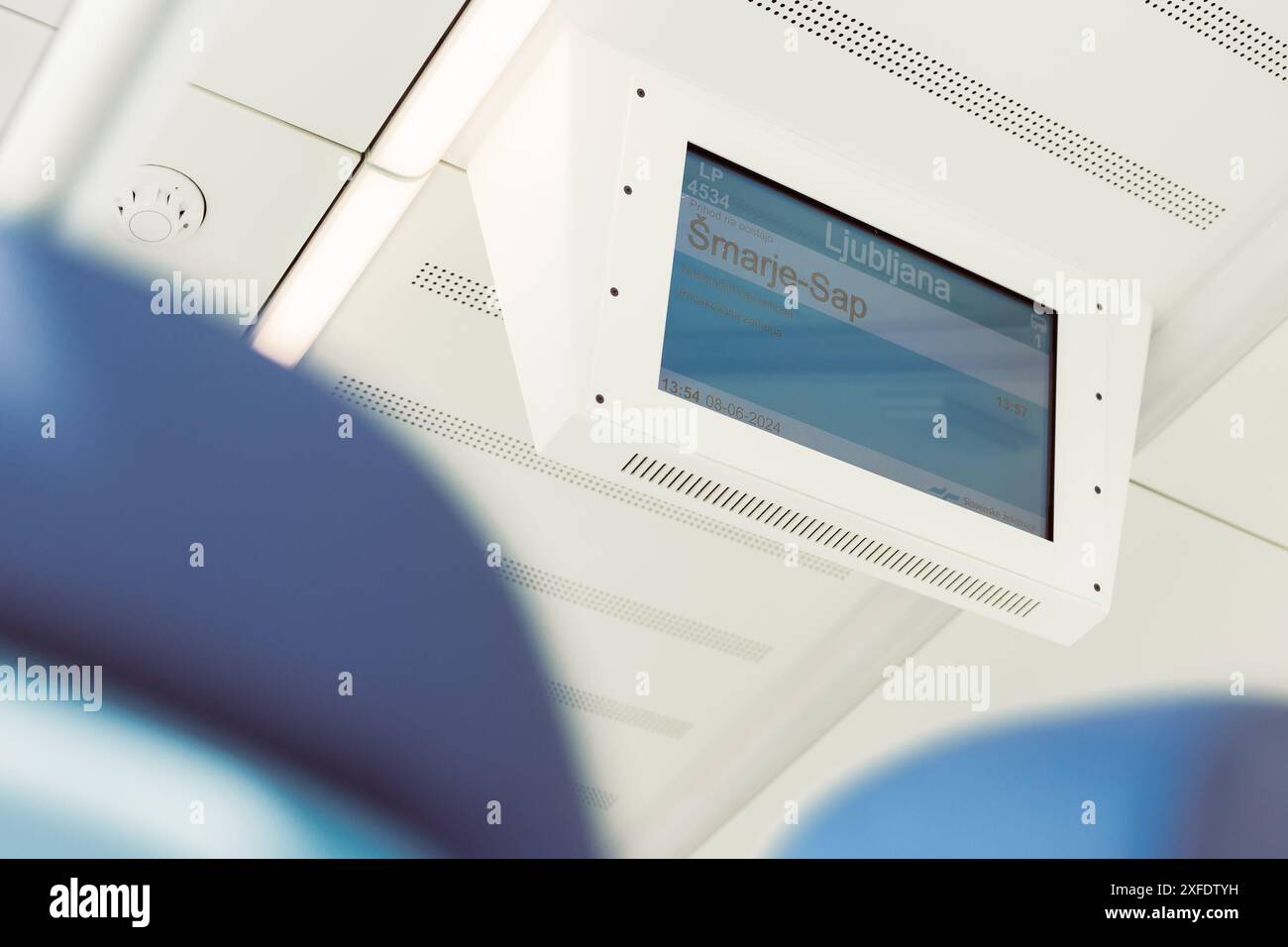 Modern info display on passenger tran. LED panel on the top of the ...