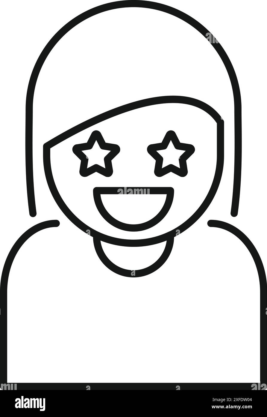 Line drawing of a young woman showing excitement with starry eyes while ...