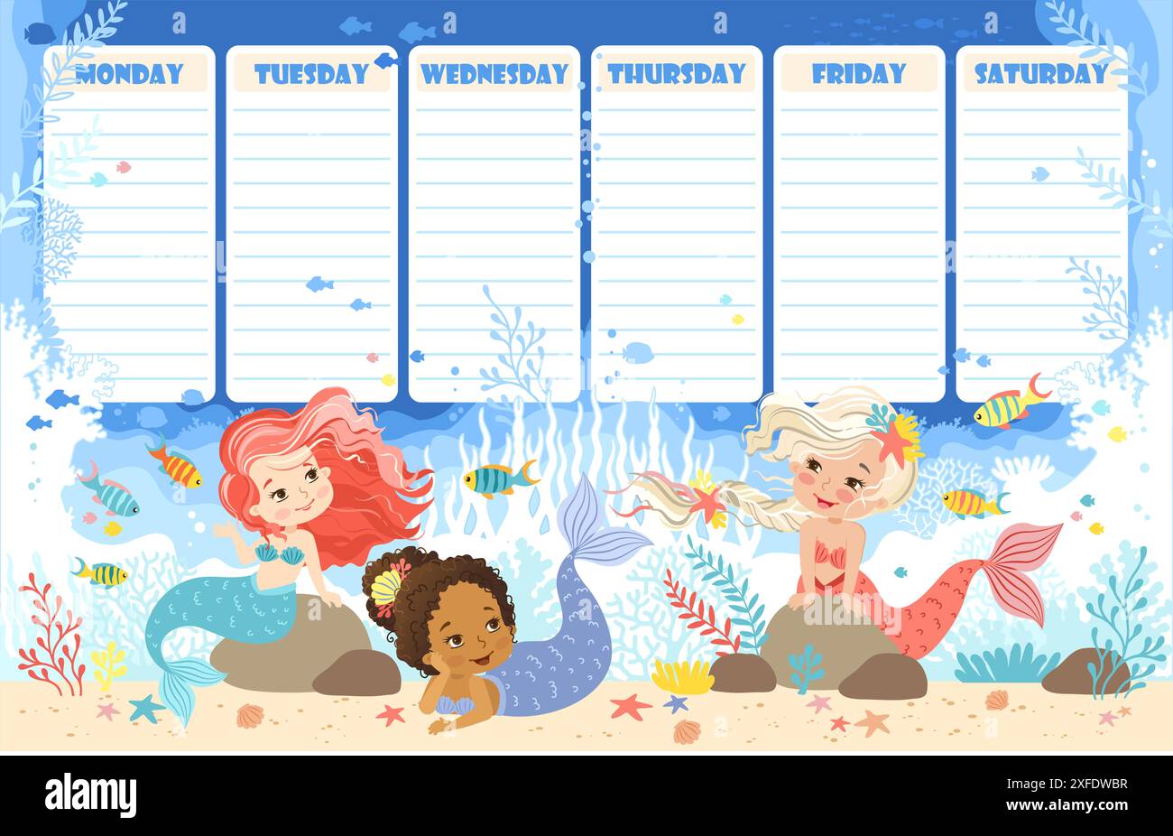 Hand drawn vector illustration of a cute mermaids in the underwater ...