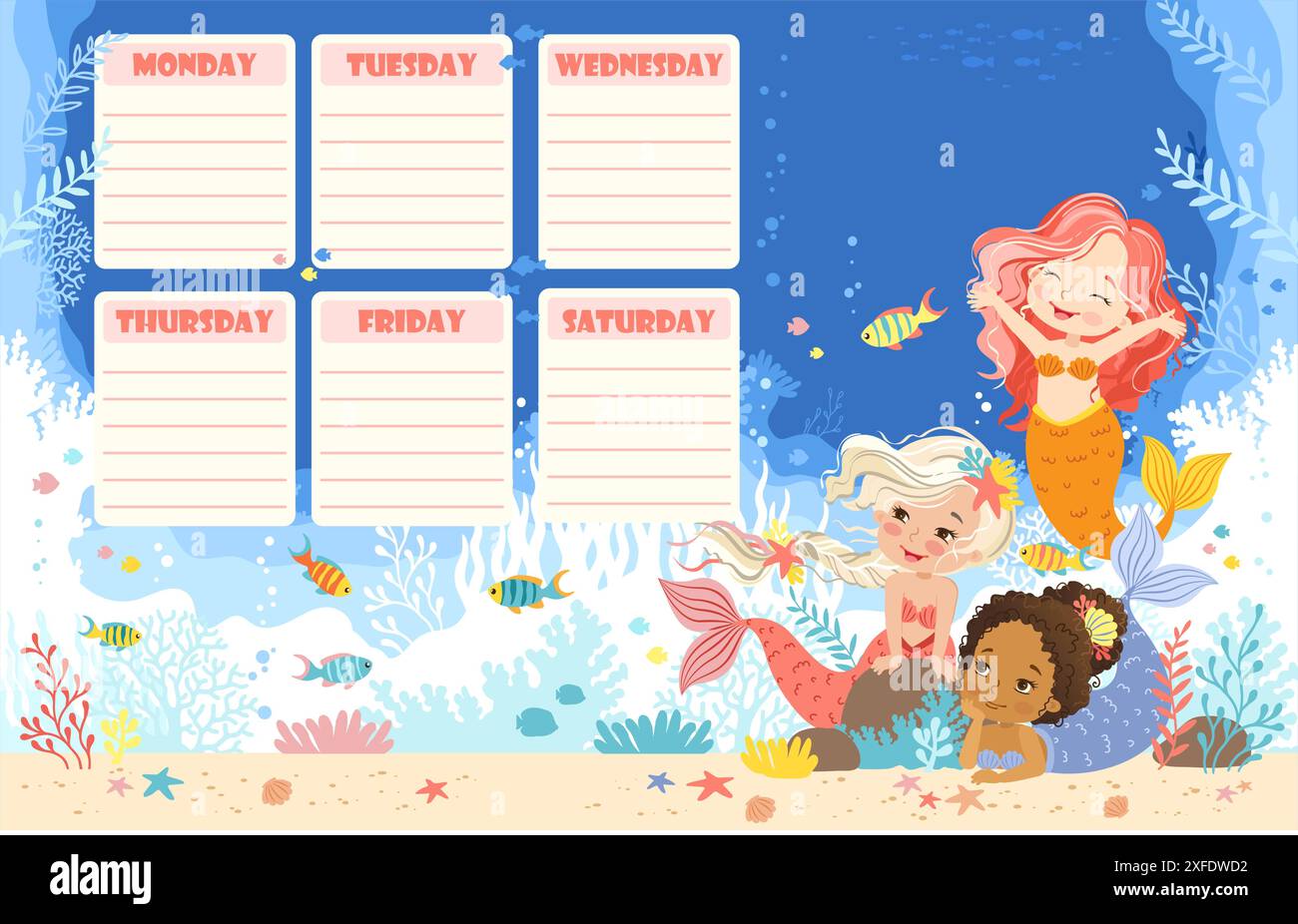 Hand drawn vector illustration of a cute mermaids in the underwater ...