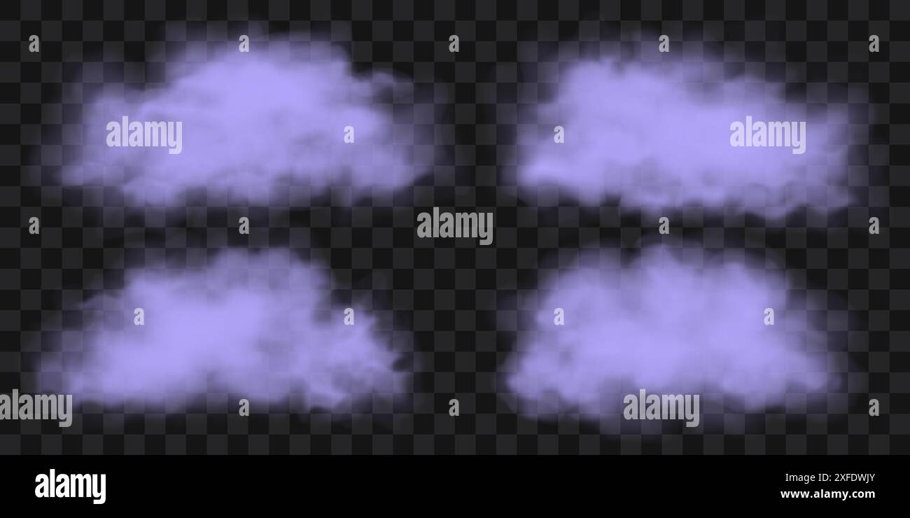 Set of purple smoke, fog or gas clouds. Realistic 3d vector ...