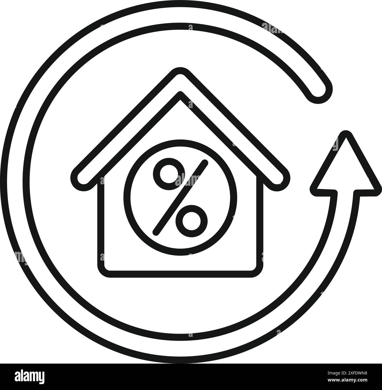Line art icon of a house with a percent symbol inside and a rising ...
