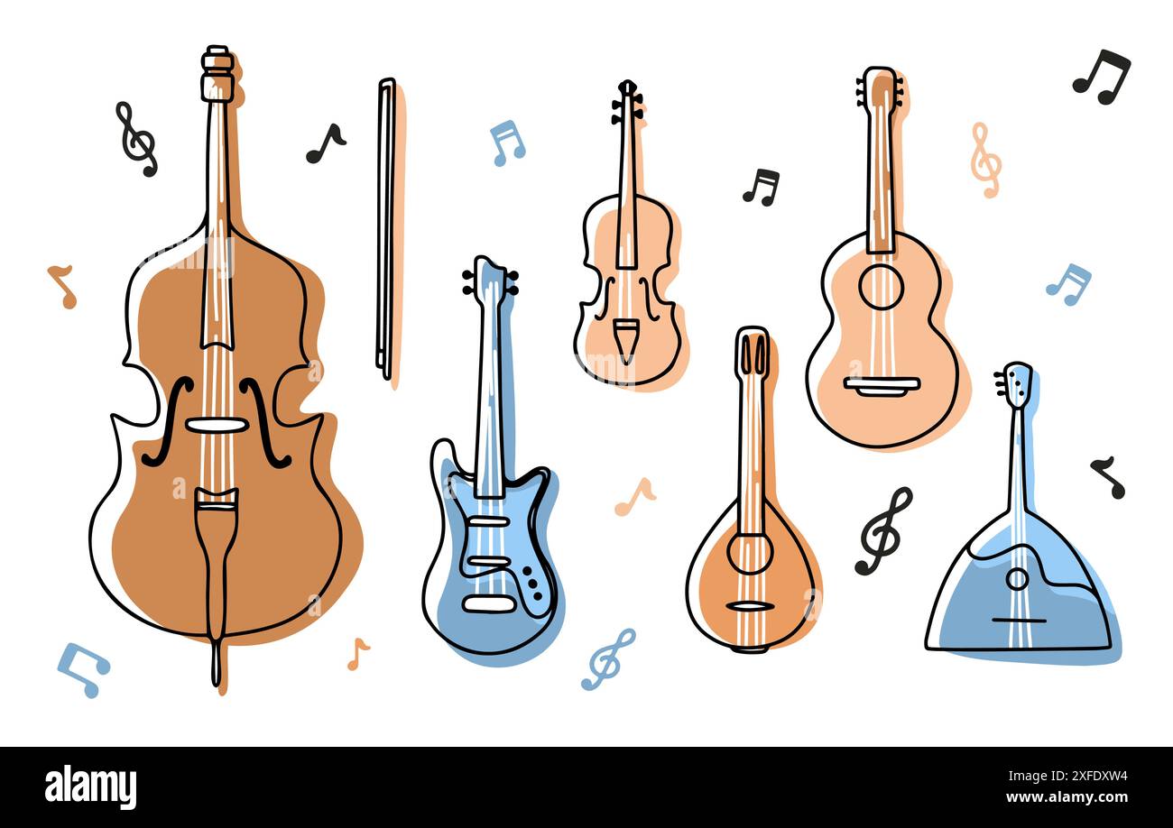 Vector Line Art Music Instruments Set in Flat Style. Guitar, Violin and Cello, Balalaika and ...