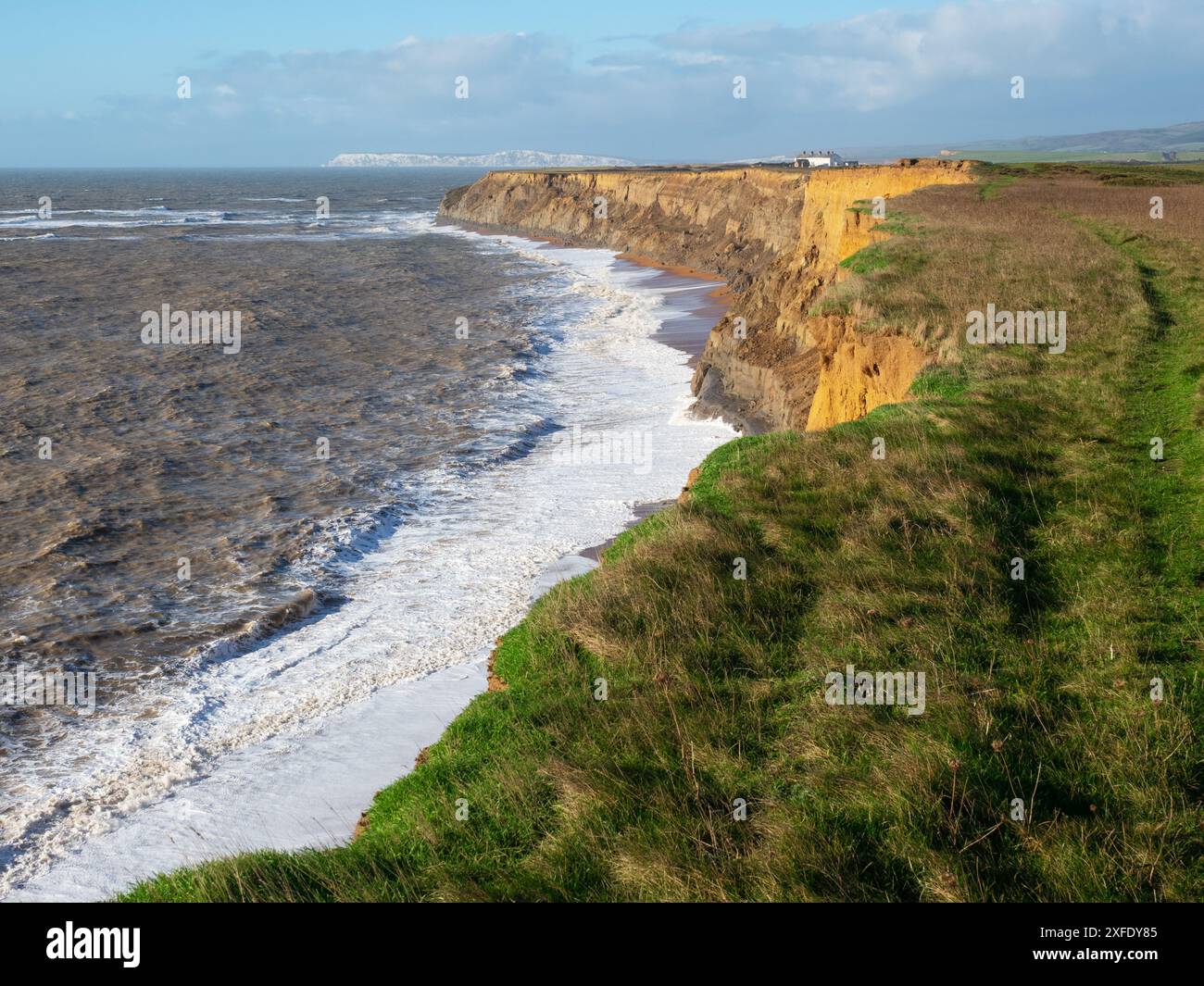 Coastal footpath and cliffs with Atherfield Point and The Needles ...