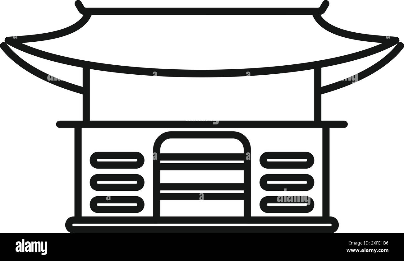 Simple line drawing of an asian temple or pagoda, featuring a curved ...