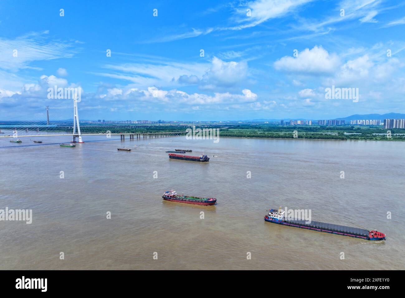 Aerial photo shows cargo ships sailing in the Yangtze River in Nanjing ...