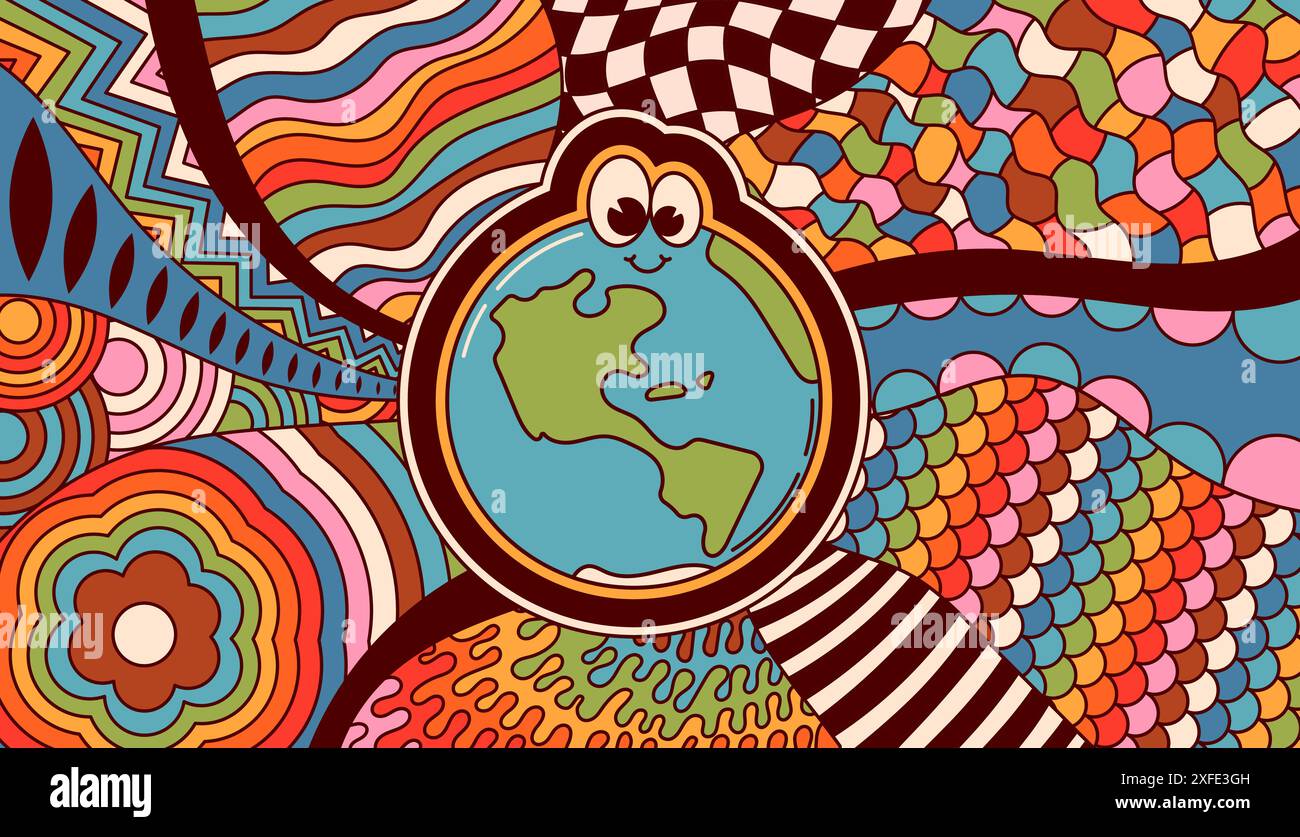 Coloring page with planet Earth funny face Psychedelic groovy Stock ...