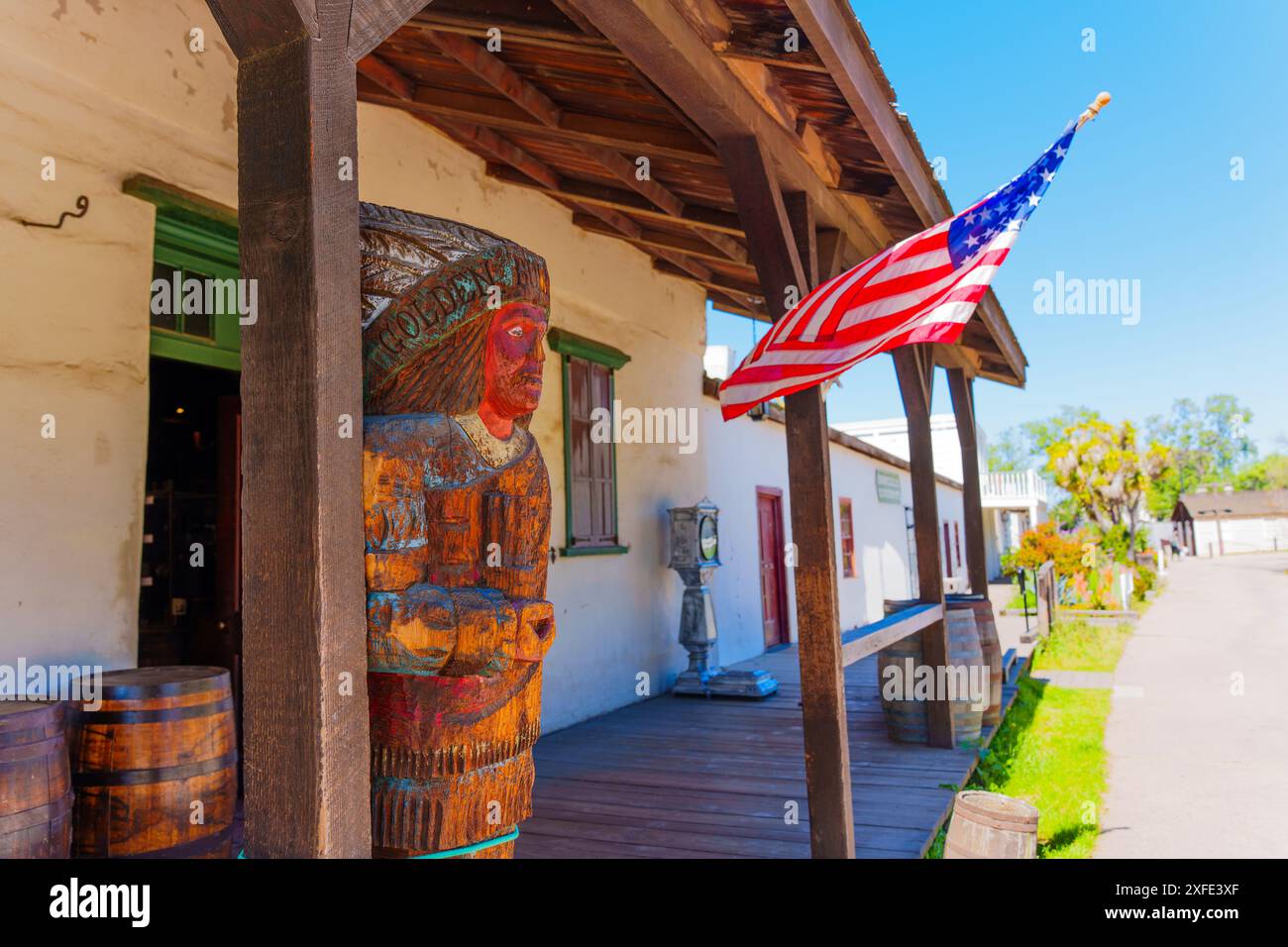 San Diego, California - April 16, 2024: Wooden Native American statue ...