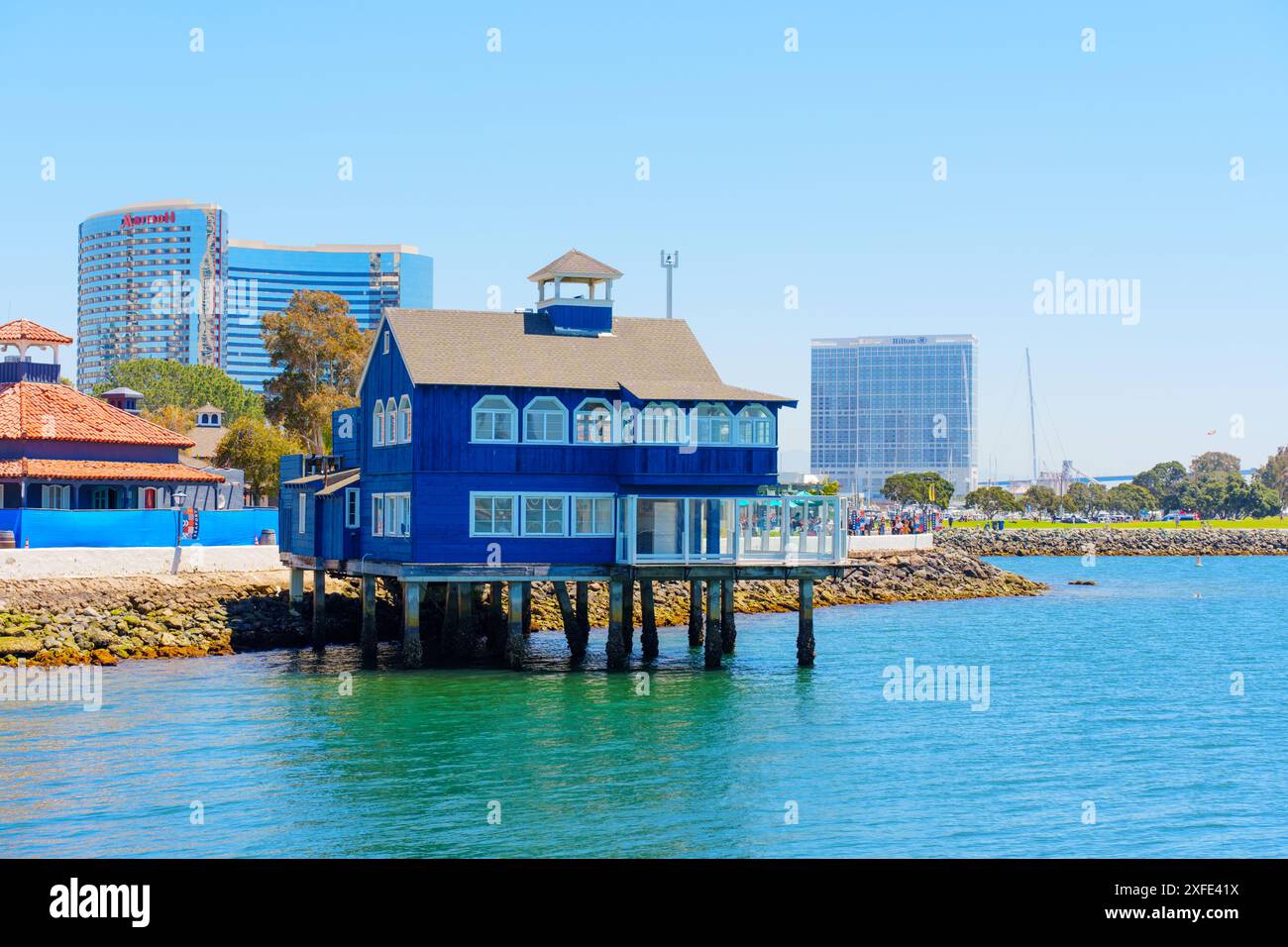 San Diego, California - April 16, 2024: Blue house on stilts over water ...