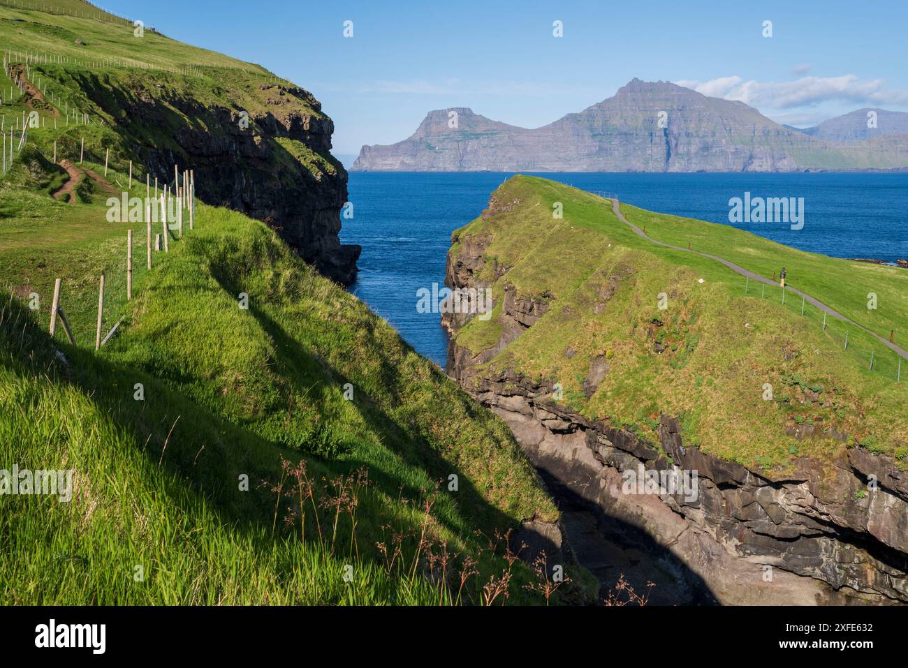 Denmark, Faroe Islands, island of Eysturoy, Gjogv, cliffs and island of ...
