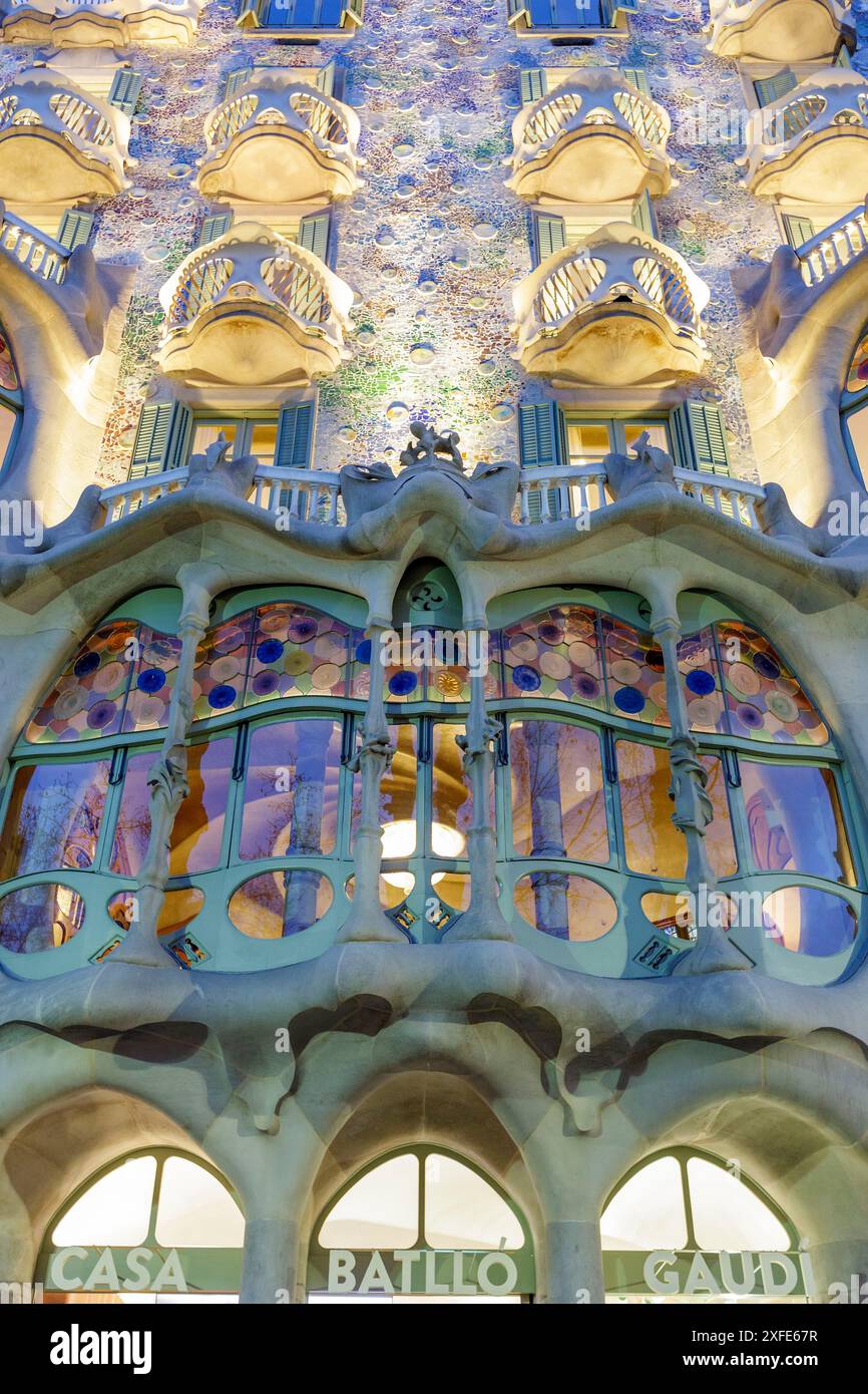 Spain, Catalonia, Barcelona, stone facade of the Casa Batllo decorated ...