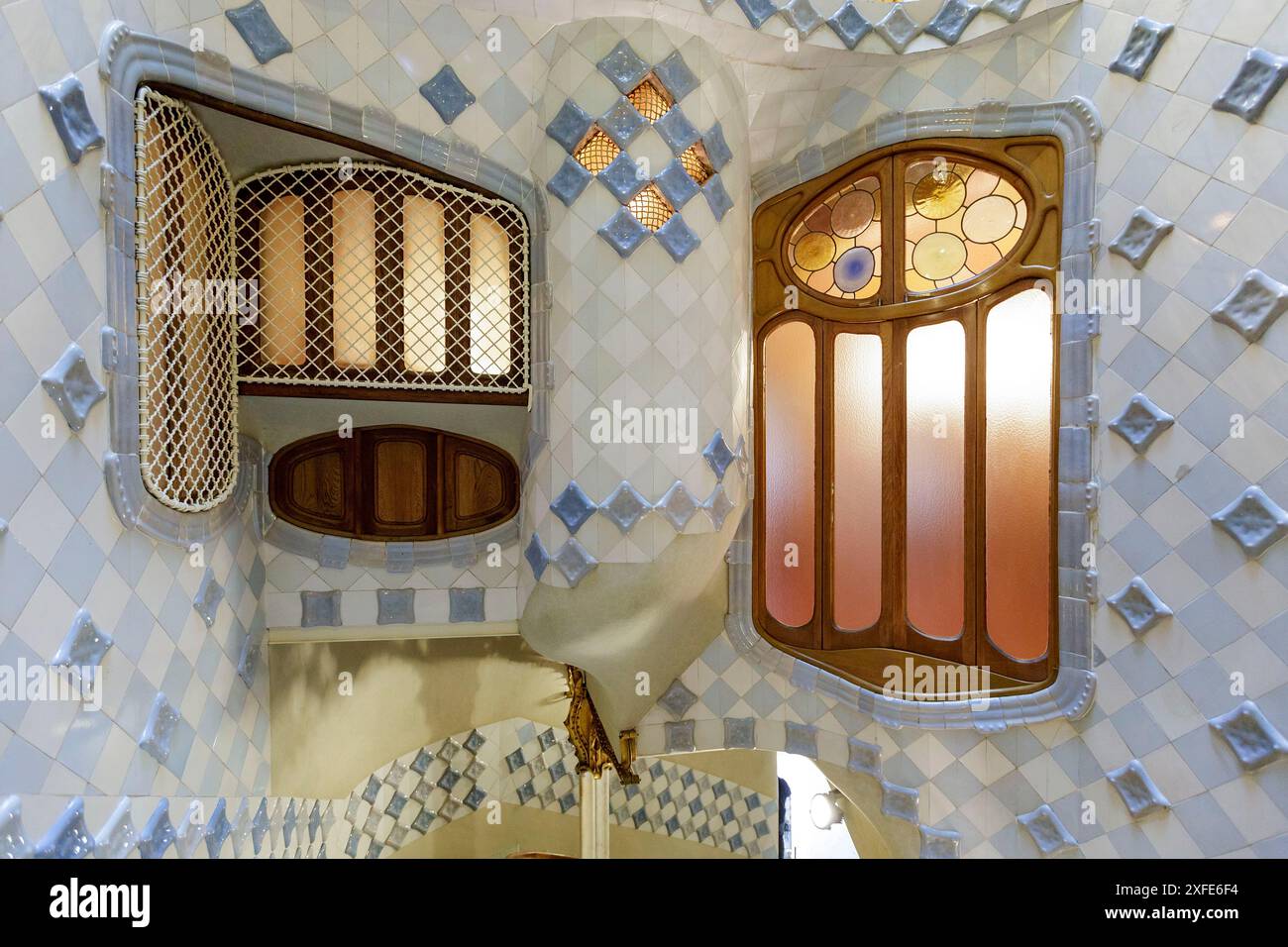 Spain, Catalonia, Barcelona, windows of the patio of the Casa Batllo, a ...