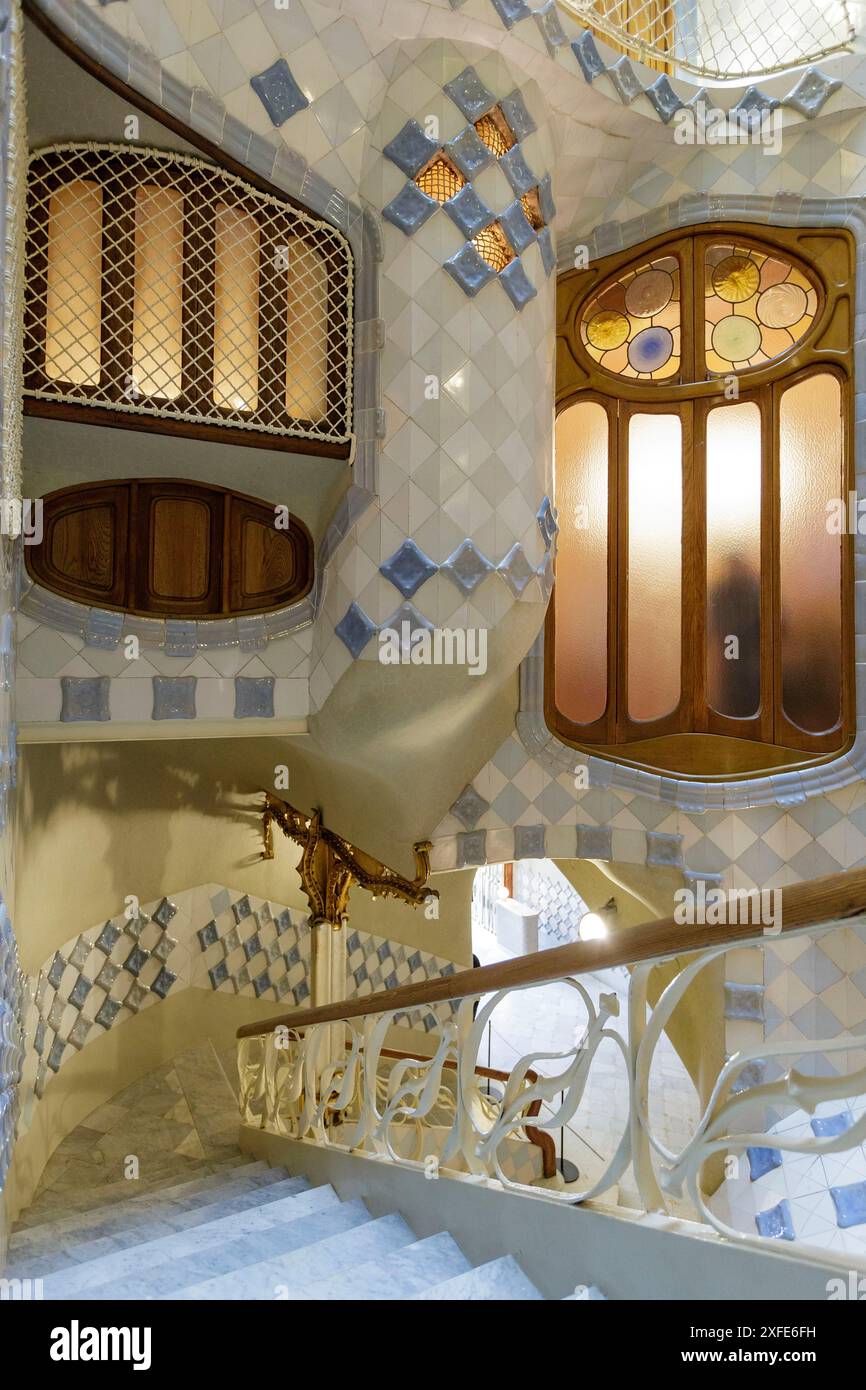 Spain, Catalonia, Barcelona, windows of the patio of the Casa Batllo, a ...