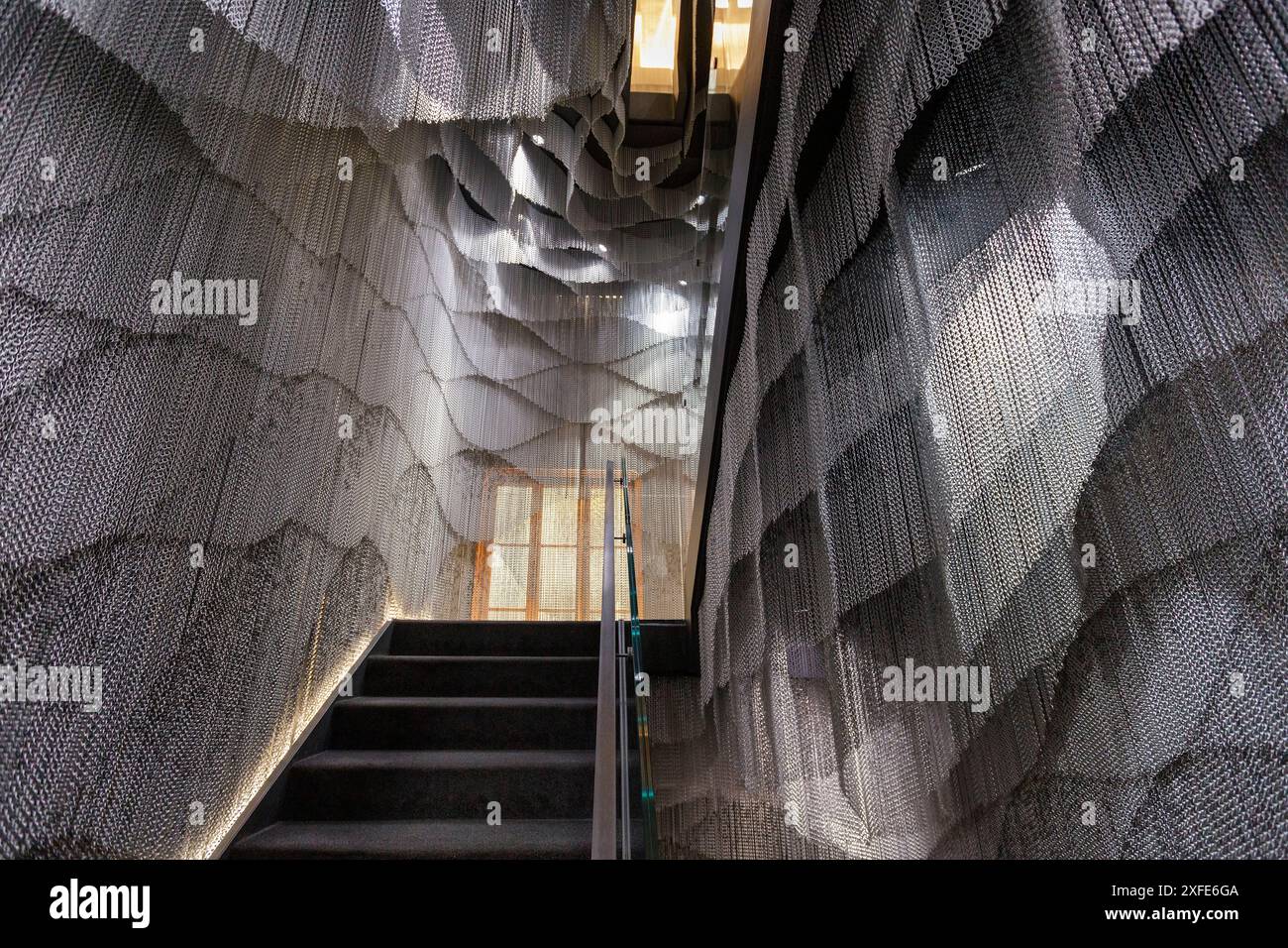 Spain, Catalonia, Barcelona, staircase decorated with aluminium ...