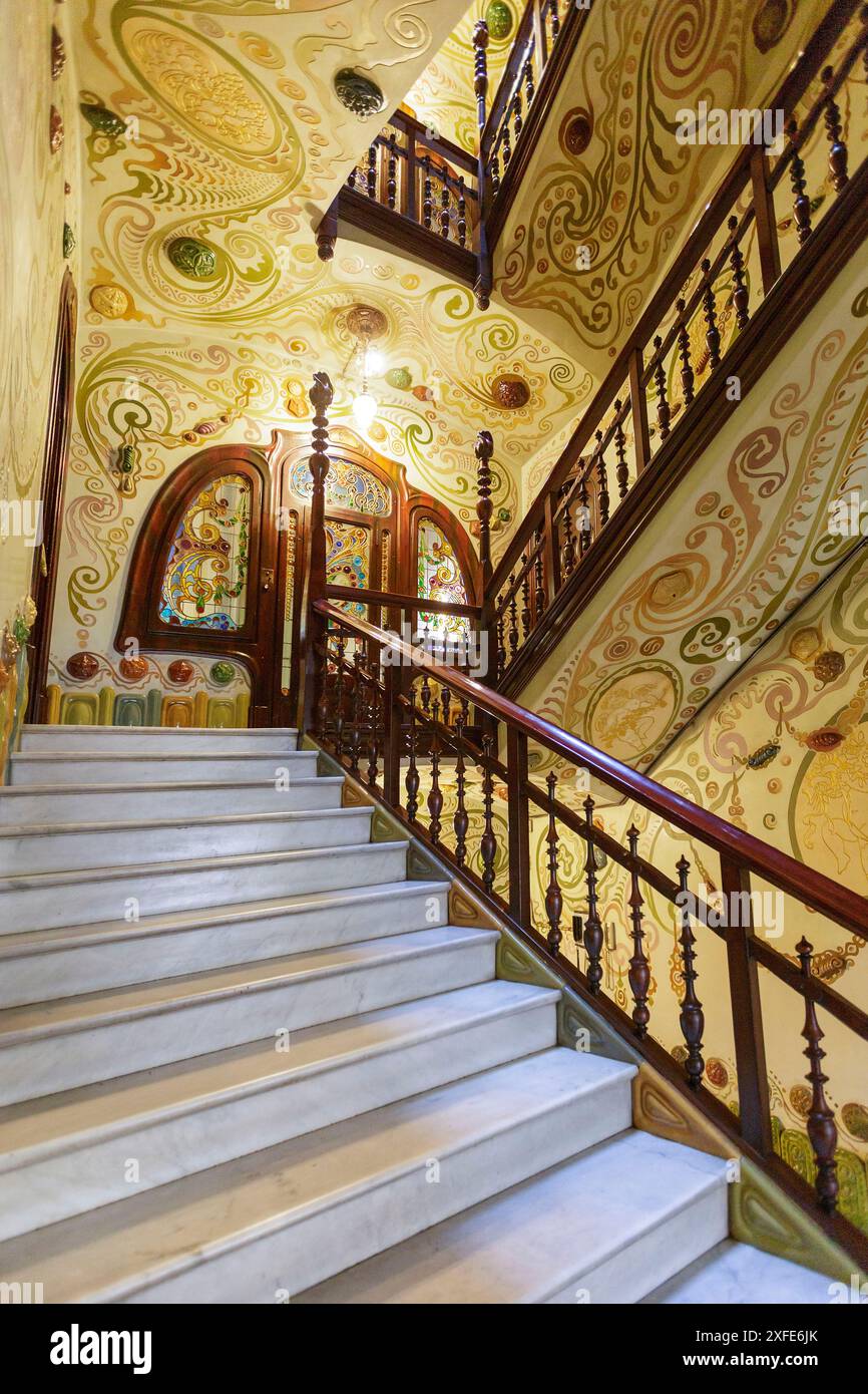 Spain, Catalonia, Barcelona, the staircase of the Casa Comalat, an ...