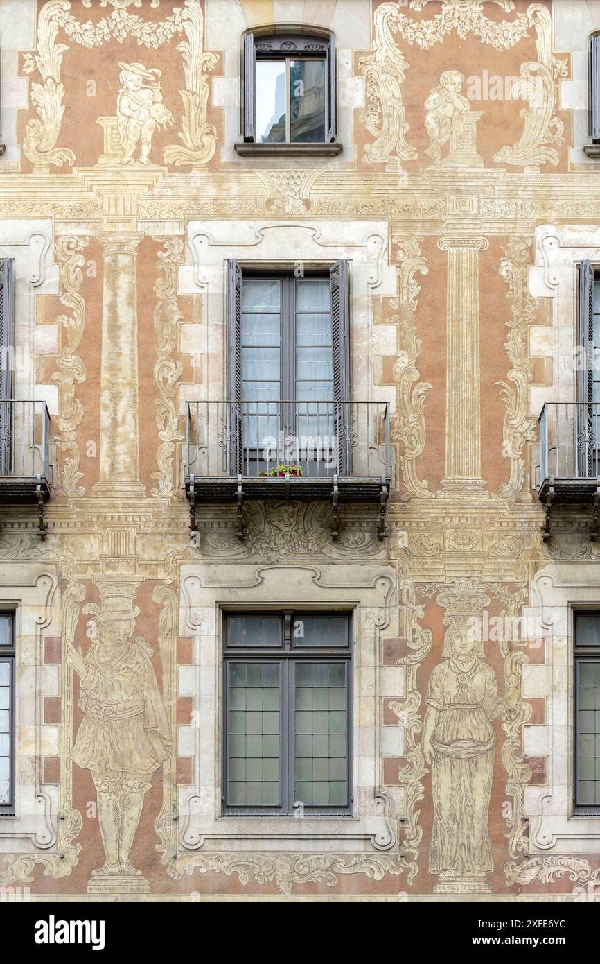 Spain, Catalonia, Barcelona, detail of the facade with murals ...