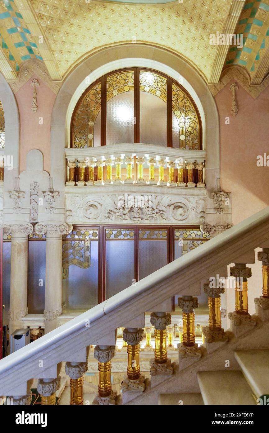 Spain, Catalonia, Barcelona, one of the two staircase with decorative ...