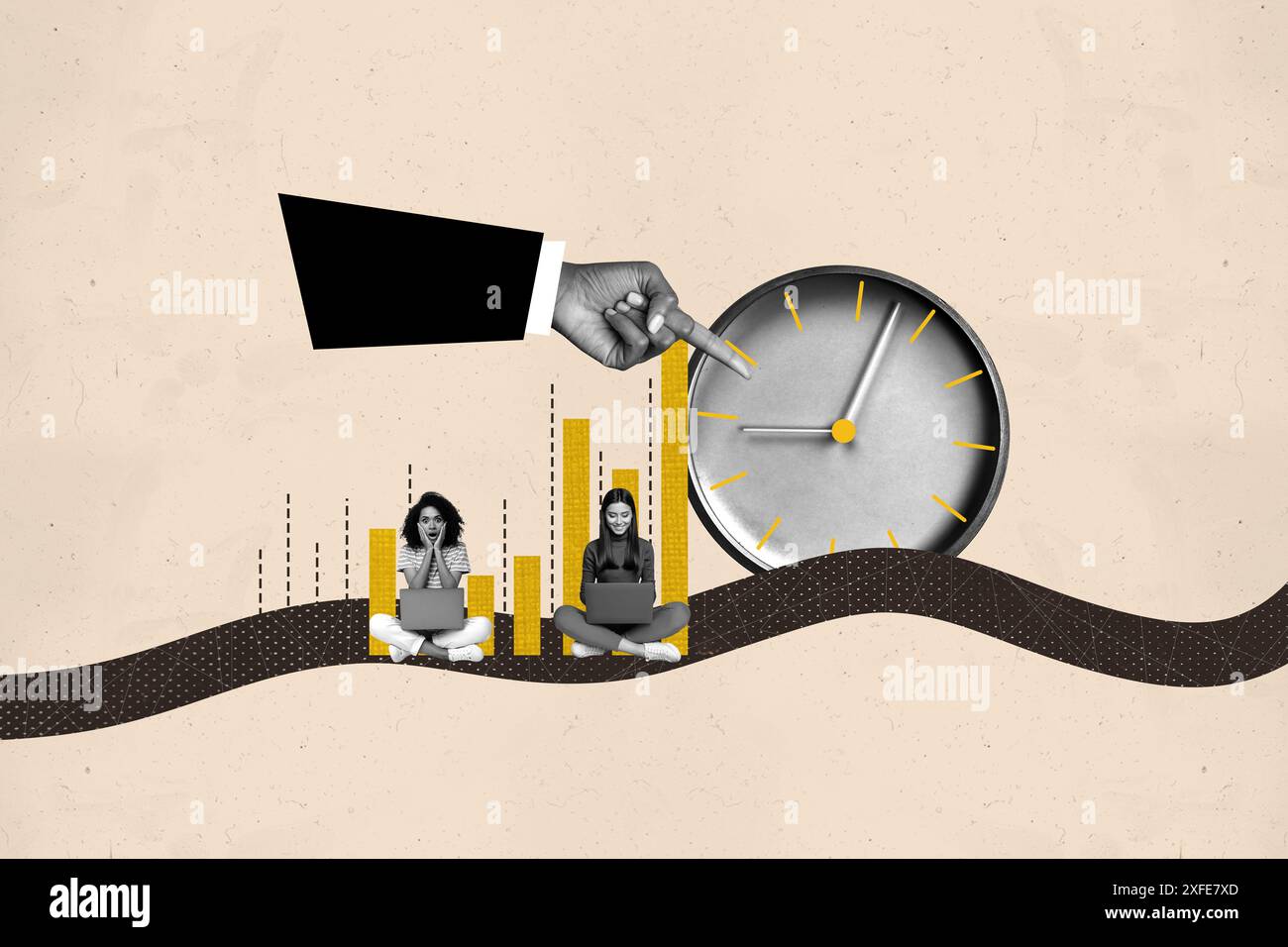 Creative collage picture young women colleagues coworkers sit deadline ...