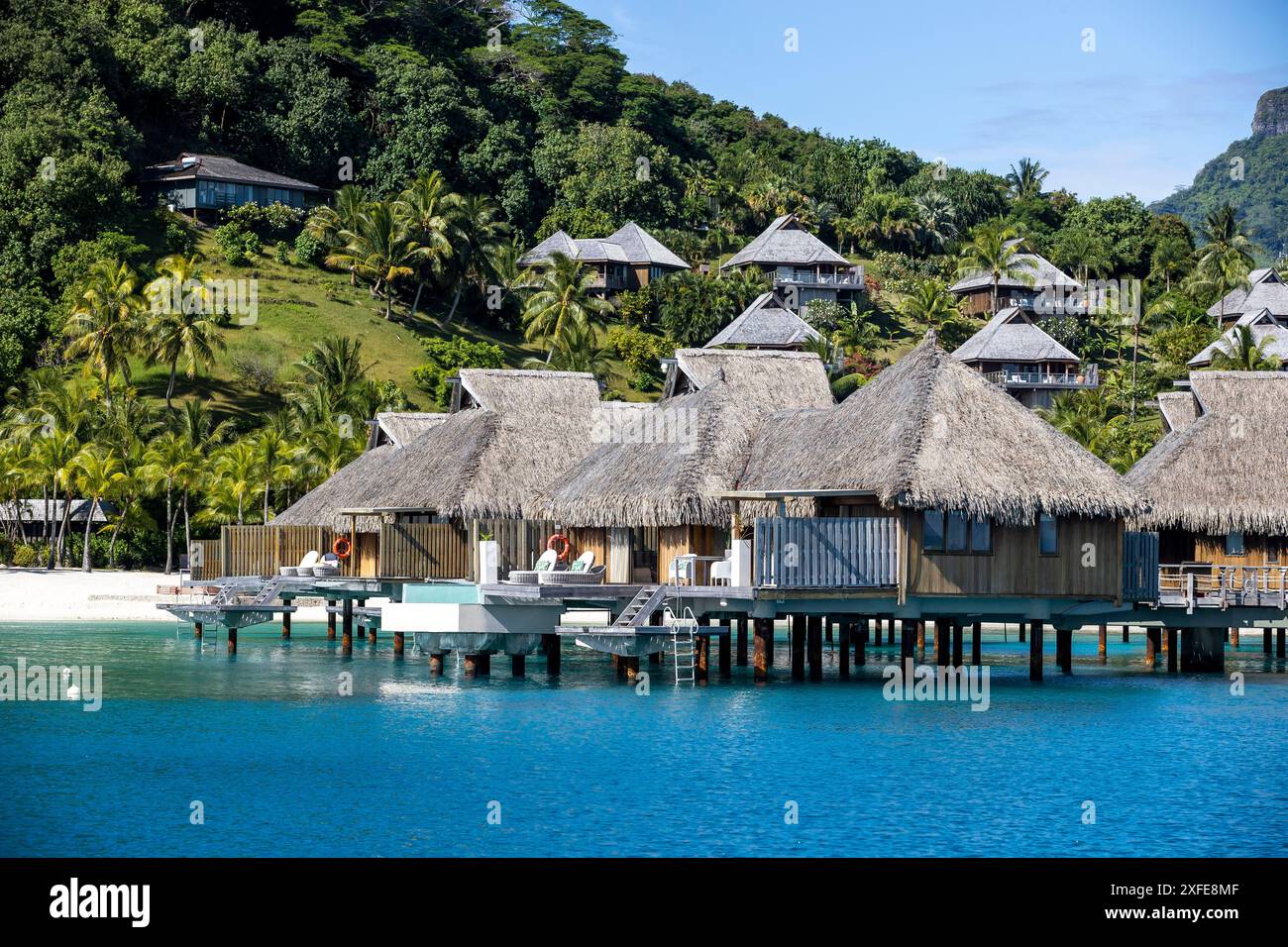 French Polynesia, Society Islands, Bora Bora by Pearl Resorts luxury resort in the Motu Tevairoa ...