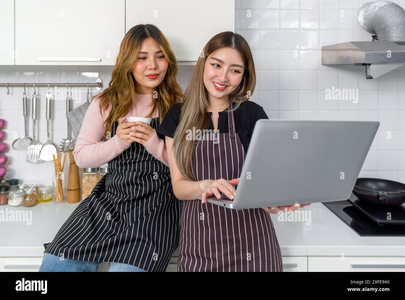 Two women with a striped apron reading or interacting with laptop ...