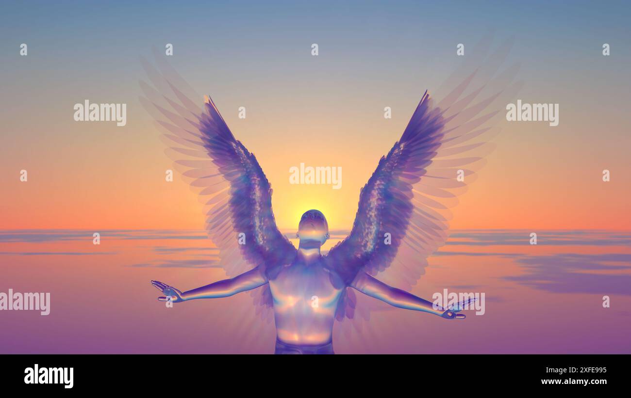 3d illustration of a breath of inner freedom of an angel against the ...