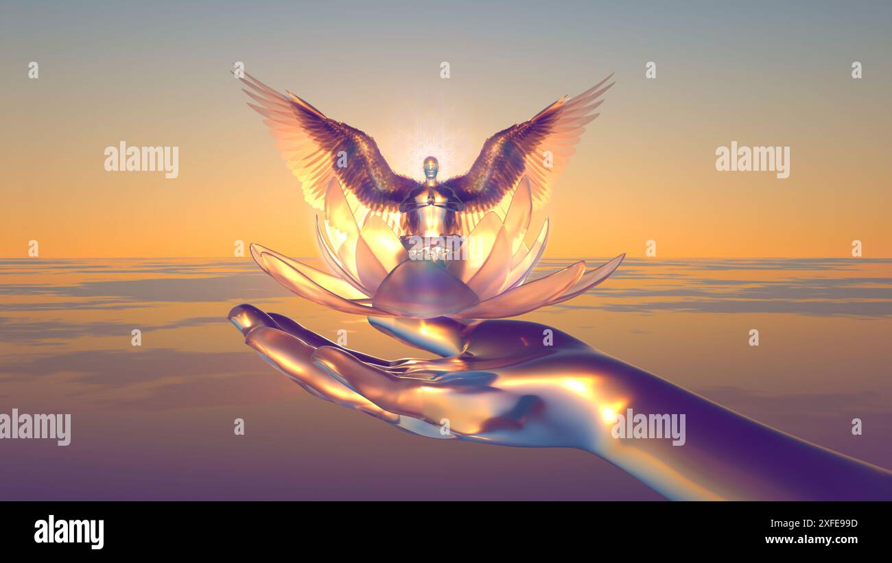 3d illustration of an angel praying in a lotus against the background ...