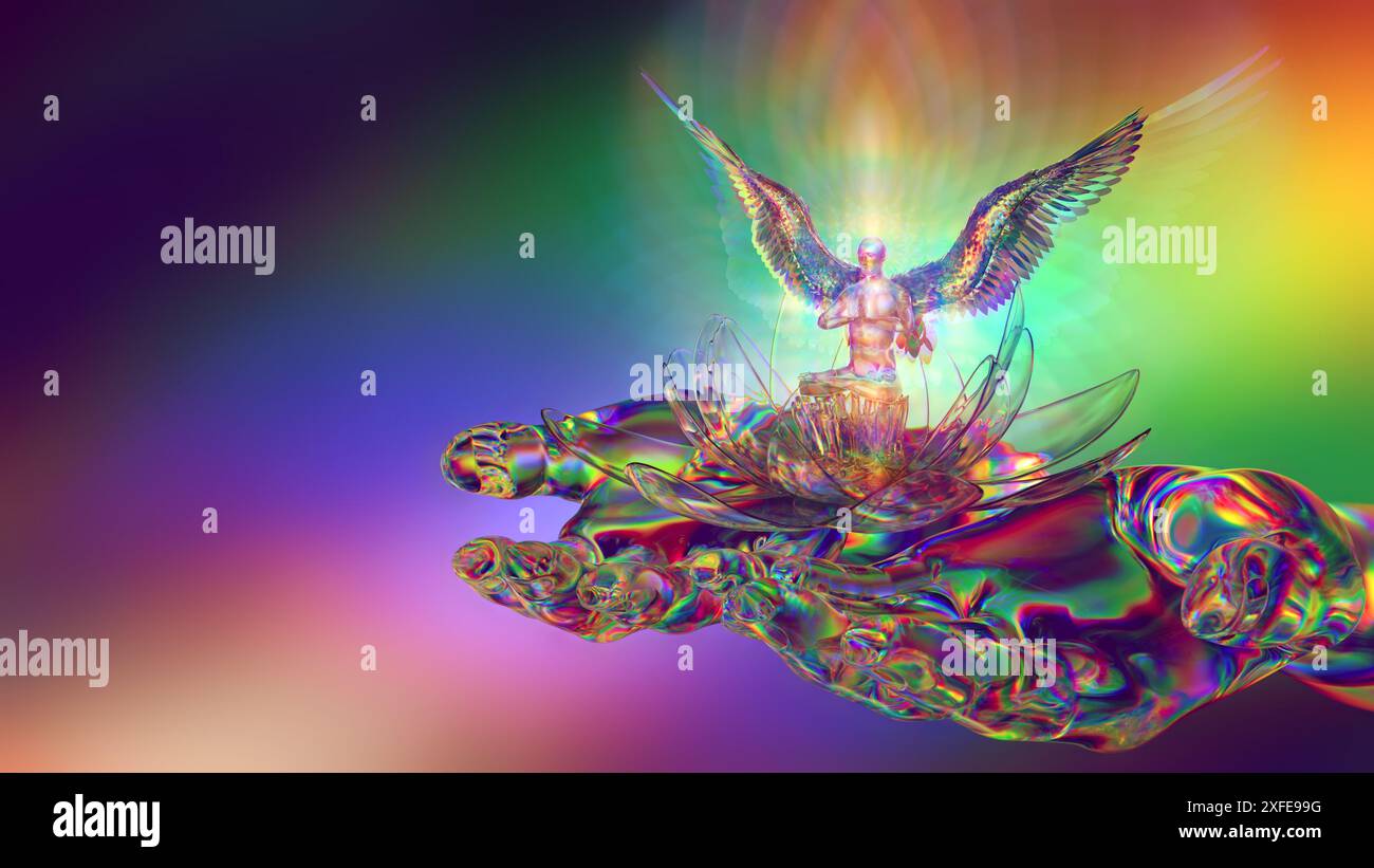 3d illustration of an angel in a lotus in the hands of God Stock Photo ...