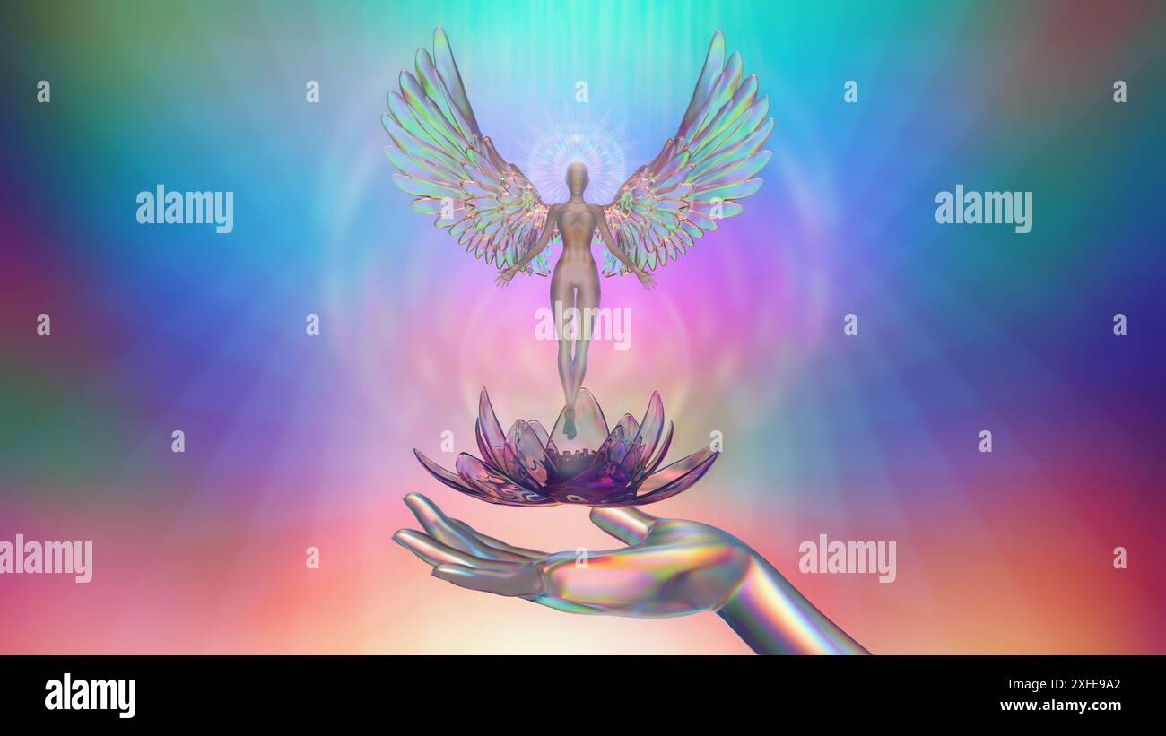 3d illustration of an astral angel in a lotus on his hand Stock Photo ...