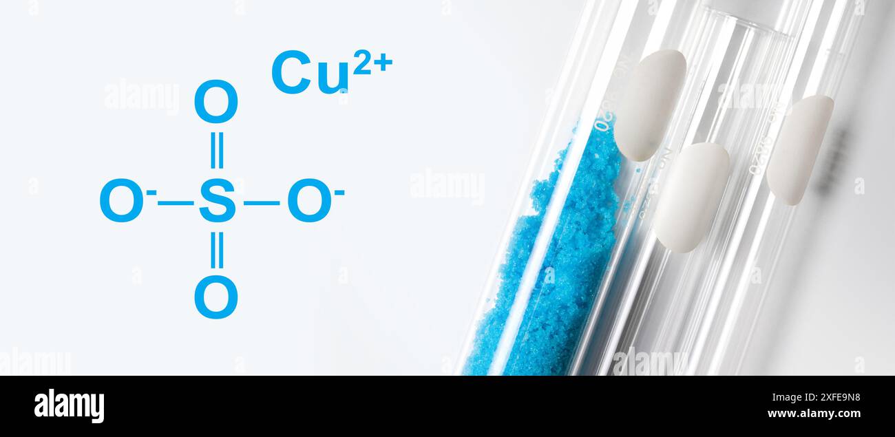 Copper(II) sulfate in test tube with molecular structure. Chemical ...