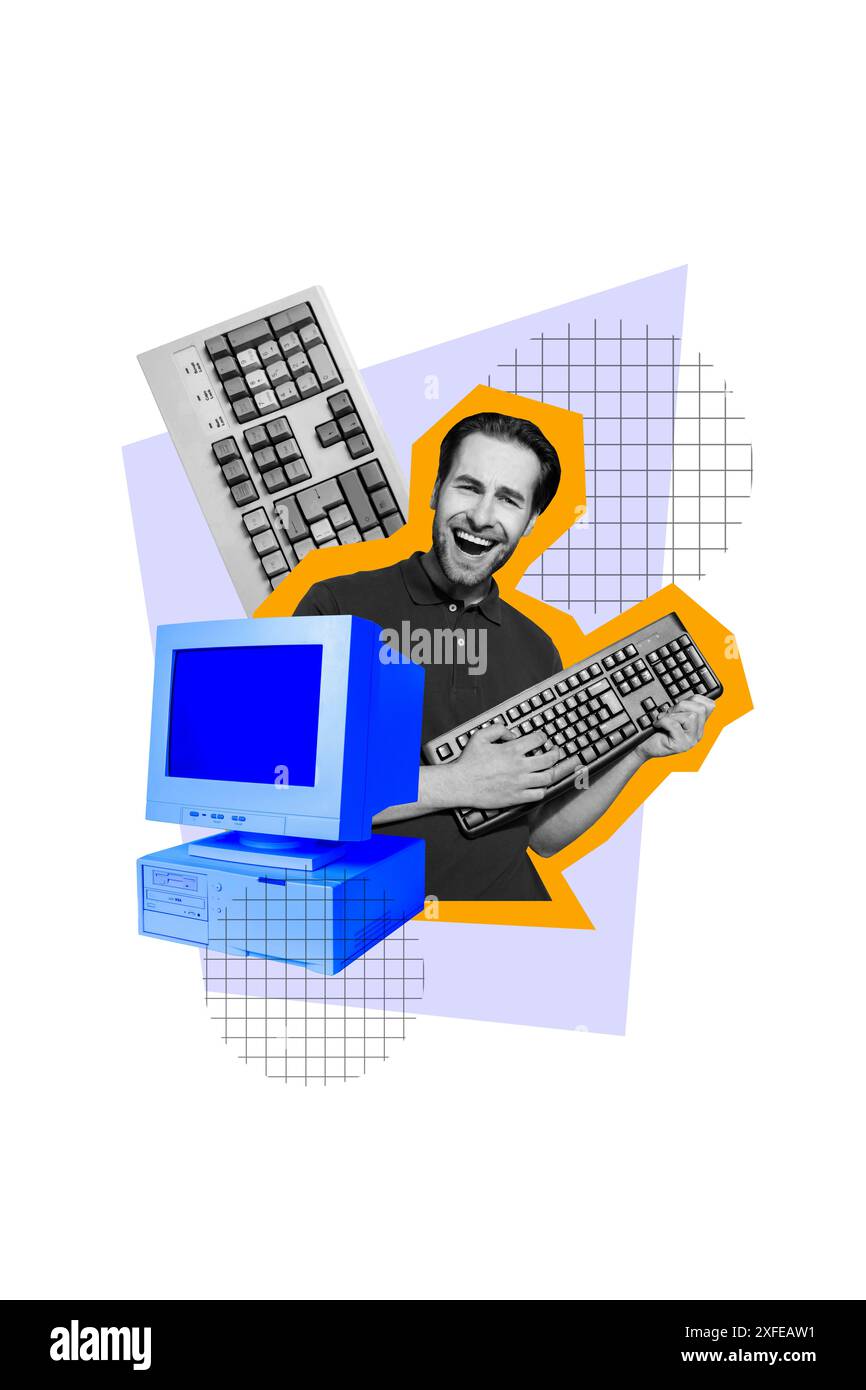 Vertical collage picture young man worker keyboard computer monitor ...