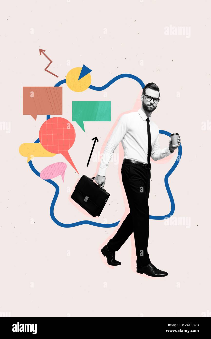 Vertical photo collage of serious businessman carry coffee cup ...